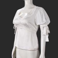 China Women’s Lace Trim Puff Sleeve Blouse with Square Neckline and Adjustable Ribbon Details for sale