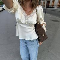 China Women’s Lace Trim Puff Sleeve Blouse with Square Neckline and Adjustable Ribbon Details for sale