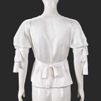 China Women’s Lace Trim Puff Sleeve Blouse with Square Neckline and Adjustable Ribbon Details for sale