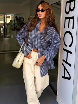 China Women's Blue Plaid Long Sleeve Button Front Shirt - Casual Blouse with Classic Collar for sale