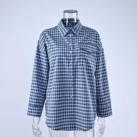 China Women's Blue Plaid Long Sleeve Button Front Shirt - Casual Blouse with Classic Collar for sale