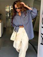 China Women's Blue Plaid Long Sleeve Button Front Shirt - Casual Blouse with Classic Collar for sale