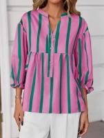China Women's Vertical Stripe V-Neck Loose Fit Blouse for Casual Everyday Wear for sale