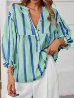 China Women's Vertical Stripe V-Neck Loose Fit Blouse for Casual Everyday Wear for sale