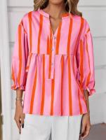 China Women's Vertical Stripe V-Neck Loose Fit Blouse for Casual Everyday Wear for sale