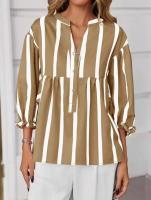 China Women's Vertical Stripe V-Neck Loose Fit Blouse for Casual Everyday Wear for sale