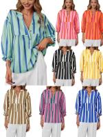 China Women's Vertical Stripe V-Neck Loose Fit Blouse for Casual Everyday Wear for sale