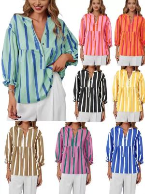 China Women's Vertical Stripe V-Neck Loose Fit Blouse for Casual Everyday Wear for sale