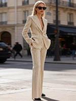 China Women’s Striped Blazer Pants Set with Vertical Stripe Pattern, High-Waisted Wide-Leg Pants and Structured Lapel Blazer for sale