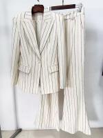 China Women’s Striped Blazer Pants Set with Vertical Stripe Pattern, High-Waisted Wide-Leg Pants and Structured Lapel Blazer for sale