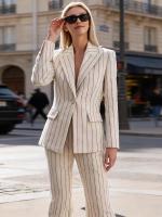 China Women’s Striped Blazer Pants Set with Vertical Stripe Pattern, High-Waisted Wide-Leg Pants and Structured Lapel Blazer for sale