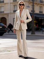 China Women’s Striped Blazer Pants Set with Vertical Stripe Pattern, High-Waisted Wide-Leg Pants and Structured Lapel Blazer for sale