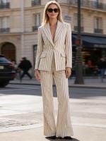 China Women’s Striped Blazer Pants Set with Vertical Stripe Pattern, High-Waisted Wide-Leg Pants and Structured Lapel Blazer for sale