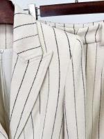 China Women’s Striped Blazer Pants Set with Vertical Stripe Pattern, High-Waisted Wide-Leg Pants and Structured Lapel Blazer for sale