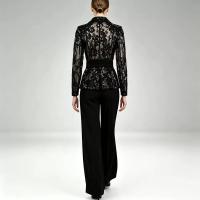 China Floral Embroidered Lace Blazer Pants Suit Set with Sequin Embroidery and High-Waisted Wide-Leg Trousers for sale