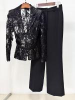 China Floral Embroidered Lace Blazer Pants Suit Set with Sequin Embroidery and High-Waisted Wide-Leg Trousers for sale