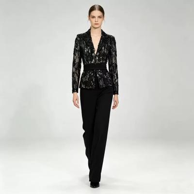 China Floral Embroidered Lace Blazer Pants Suit Set with Sequin Embroidery and High-Waisted Wide-Leg Trousers for sale