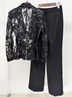 China Floral Embroidered Lace Blazer Pants Suit Set with Sequin Embroidery and High-Waisted Wide-Leg Trousers for sale