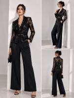 China Floral Embroidered Lace Blazer Pants Suit Set with Sequin Embroidery and High-Waisted Wide-Leg Trousers for sale