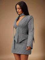China Women's Houndstooth Blazer & Mini Skirt Set with High-Waisted Skirt and Structured Shoulders in Polyester Blend Fabric for sale