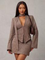 China Women's Houndstooth Blazer & Mini Skirt Set with High-Waisted Skirt and Structured Shoulders in Polyester Blend Fabric for sale