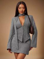 China Women's Houndstooth Blazer & Mini Skirt Set with High-Waisted Skirt and Structured Shoulders in Polyester Blend Fabric for sale