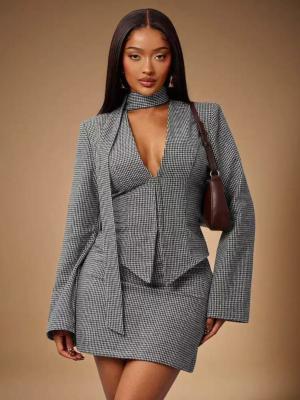 China Women's Houndstooth Blazer & Mini Skirt Set with High-Waisted Skirt and Structured Shoulders in Polyester Blend Fabric for sale
