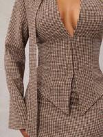 China Women's Houndstooth Blazer & Mini Skirt Set with High-Waisted Skirt and Structured Shoulders in Polyester Blend Fabric for sale