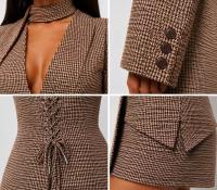 China Women's Houndstooth Blazer & Mini Skirt Set with High-Waisted Skirt and Structured Shoulders in Polyester Blend Fabric for sale