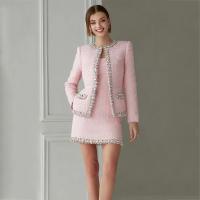 China Elegant Women's Tweed Blazer & Mini Skirt Set with Crystal Rhinestone Trim and Fitted Waist Silhouette in Polyester Blend Tweed Fabric for sale