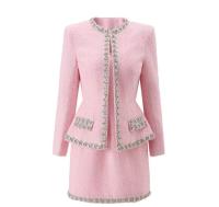 China Elegant Women's Tweed Blazer & Mini Skirt Set with Crystal Rhinestone Trim and Fitted Waist Silhouette in Polyester Blend Tweed Fabric for sale