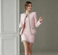 China Elegant Women's Tweed Blazer & Mini Skirt Set with Crystal Rhinestone Trim and Fitted Waist Silhouette in Polyester Blend Tweed Fabric for sale