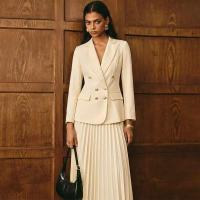 China Women’s Double-Breasted Blazer & Pleated Skirt Set with Gold-Tone Buttons for Elegant Office Wear for sale