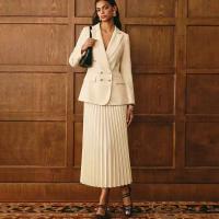 China Women’s Double-Breasted Blazer & Pleated Skirt Set with Gold-Tone Buttons for Elegant Office Wear for sale