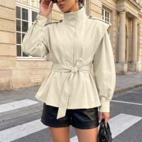China Women's Belted Stand Collar Jacket with Adjustable Waist Belt Long Puff Sleeves and Flared Peplum Silhouette for sale