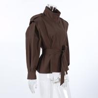 China Women's Belted Stand Collar Jacket with Adjustable Waist Belt Long Puff Sleeves and Flared Peplum Silhouette for sale