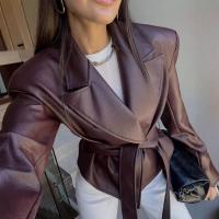 China Women's Premium Faux Leather Blazer Jacket with Adjustable Waist Belt and Long Sleeves for sale