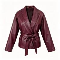 China Women's Premium Faux Leather Blazer Jacket with Adjustable Waist Belt and Long Sleeves for sale