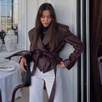 China Women's Premium Faux Leather Blazer Jacket with Adjustable Waist Belt and Long Sleeves for sale