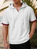 China Men’s Hooded T-Shirt with Waffle Textured Knit Fabric and Contrast Plaid Sleeve Edge in Relaxed Casual Fit for sale