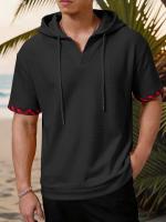 China Men’s Hooded T-Shirt with Waffle Textured Knit Fabric and Contrast Plaid Sleeve Edge in Relaxed Casual Fit for sale