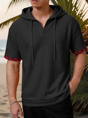 China Men’s Hooded T-Shirt with Waffle Textured Knit Fabric and Contrast Plaid Sleeve Edge in Relaxed Casual Fit for sale