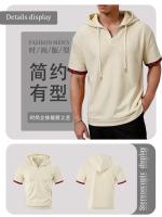 China Men’s Hooded T-Shirt with Waffle Textured Knit Fabric and Contrast Plaid Sleeve Edge in Relaxed Casual Fit for sale