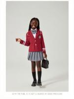 China Structured Red Blazer School Uniform Set with Contrast Piping and Chest Badge Placement for sale