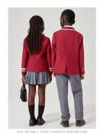 China Structured Red Blazer School Uniform Set with Contrast Piping and Chest Badge Placement for sale