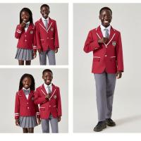 China Structured Red Blazer School Uniform Set with Contrast Piping and Chest Badge Placement for sale