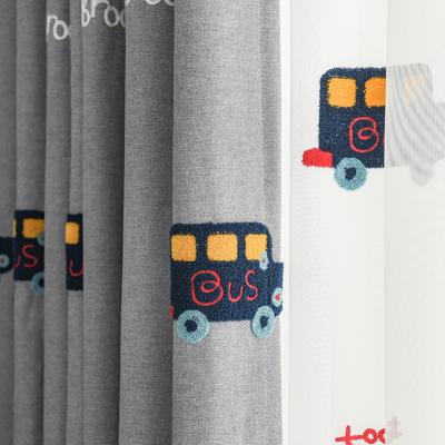 China Good sale Cartoon car boy bedroom towel embroidered cotton hemp gray children's room curtain for sale