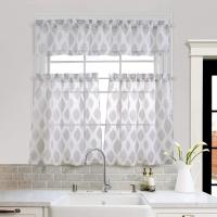 China Factory Ready made purdah short transparent half rhombus printed  kitchen sheer curtain for sale