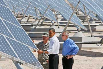 President Barack Obama, Senate Majority Leader Harry Reid of Nevada, and Col. Howard Belote, checked out the solar panels at Nellis Air Force Base in Nevada in May of 2009. President Barack Obama, Senate Majority Leader Harry Reid of Nevada, and Col. Howard Belote, checked out the solar panels at Nellis Air Force Base in Nevada in May of 2009.