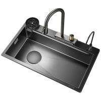 China 2024 Stainless Steel Kitchen Sink with 2 Piano Key LED Waterfall Faucet Large Single Slot 3mm Thick Black Basin for sale